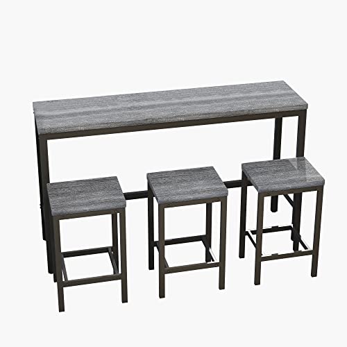 HABITRIO Dining Room Set, Rectangular Sturdy Steel Frame Grey Finished Wood Panel Board Tabletop Dining Table with 3 Counter Height Stools with Footrest, Fit for Kitchen, Pub