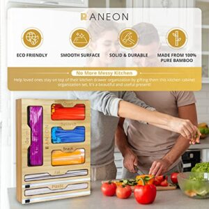 RANEON, Bamboo Ziplock Bag Organizer, 6 in 1 Plastic Wrap Dispenser with Cutter, Ziplock Bag Storage Organizer for Gallon,Quart,Sandwich,Snack