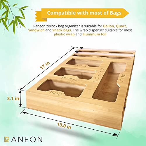 RANEON, Bamboo Ziplock Bag Organizer, 6 in 1 Plastic Wrap Dispenser with Cutter, Ziplock Bag Storage Organizer for Gallon,Quart,Sandwich,Snack