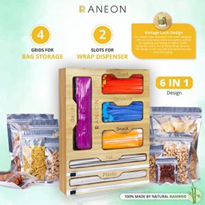 RANEON, Bamboo Ziplock Bag Organizer, 6 in 1 Plastic Wrap Dispenser with Cutter, Ziplock Bag Storage Organizer for Gallon,Quart,Sandwich,Snack