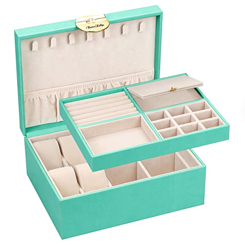 BareTulip Jewelry Organizer Box Large Jewelry Box for Women with 2 Layers Leather Jewelry Box for Necklaces and Bracelets Rings Earrings Watches Green