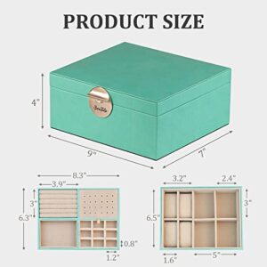 BareTulip Jewelry Organizer Box Large Jewelry Box for Women with 2 Layers Leather Jewelry Box for Necklaces and Bracelets Rings Earrings Watches Green