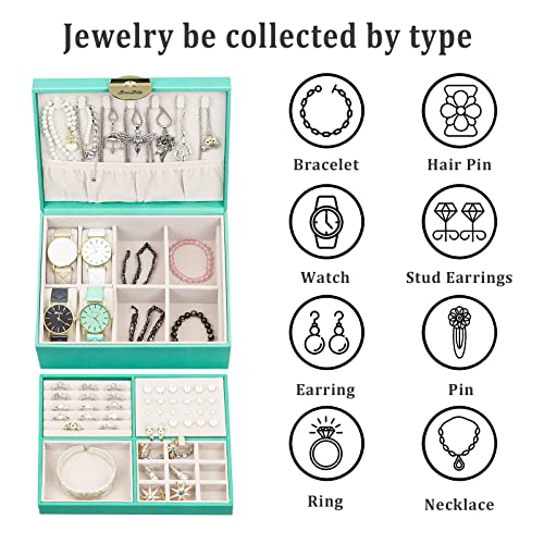 BareTulip Jewelry Organizer Box Large Jewelry Box for Women with 2 Layers Leather Jewelry Box for Necklaces and Bracelets Rings Earrings Watches Green