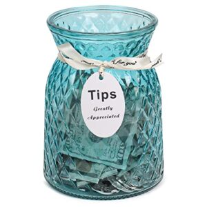 glass tip jar for bartenders, musicians, and restaurants - large money jar for collecting tips. (blue)