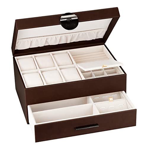 BareTulip Jewelry Box for Men 2 Layer Jewelry Organizer with 1 Drawer for Storage Display Rings Necklaces Earrings and Watch Brown