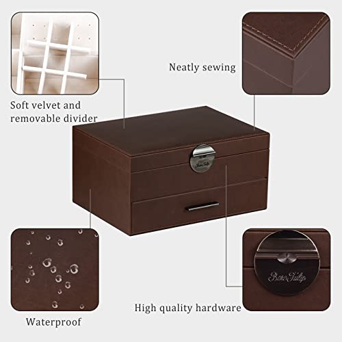 BareTulip Jewelry Box for Men 2 Layer Jewelry Organizer with 1 Drawer for Storage Display Rings Necklaces Earrings and Watch Brown