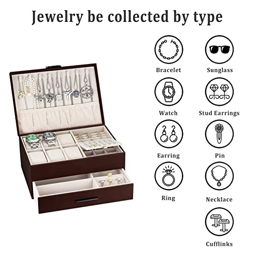 BareTulip Jewelry Box for Men 2 Layer Jewelry Organizer with 1 Drawer for Storage Display Rings Necklaces Earrings and Watch Brown