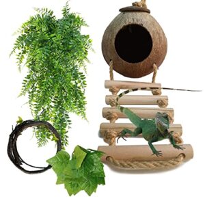 Freiomyi Crested Gecko Coco Hut with Ladder, Lizard Hideouts Natural Coconut Shell Mini Nest Hiding Habitat Decor with Jungle Leaves for Reptile, Snake, Hermit Crab