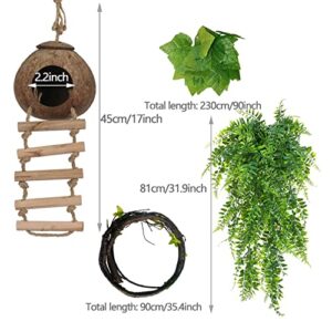 Freiomyi Crested Gecko Coco Hut with Ladder, Lizard Hideouts Natural Coconut Shell Mini Nest Hiding Habitat Decor with Jungle Leaves for Reptile, Snake, Hermit Crab