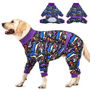 lovinpet large big dog pajamas - post surgery onesie for large dog breeds, reflective stripe, lightweight breatheable stretchy knit, charcoal gray deep sea print, large dog jammies, pet pj's,black 2xl