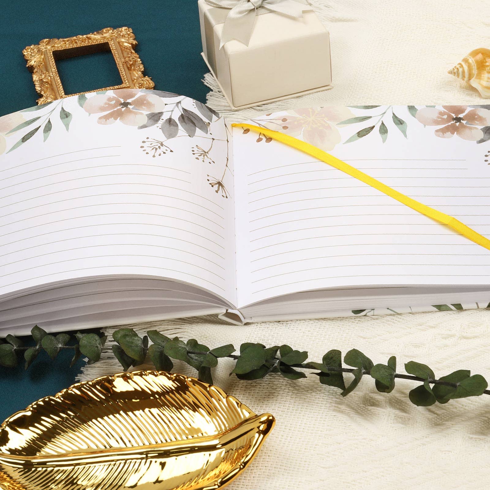 Wedding Guest Book, Guest Sign in Book for Wedding Reception, 120 Pages Hard Cover Guest Book, Beautiful Gold Text with Floral Design Wedding Registry Guestbook for Signing Book 9 x 7 Inch