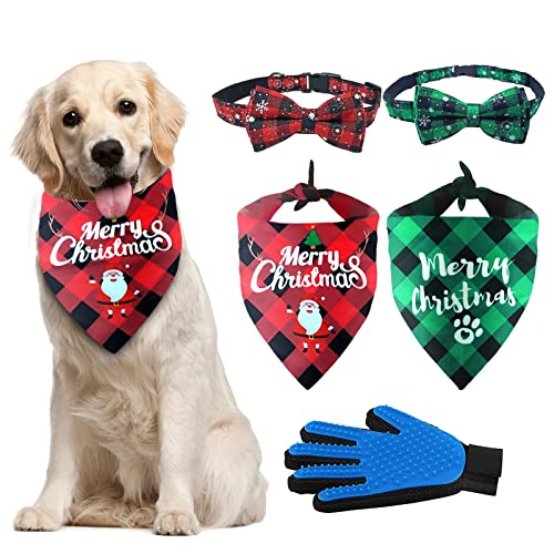 Christmas Dog Collars and Bandanas and Pet Hair Remover Glove Xmas Classic Plaid Snowflake Dog Neck Tie Triangle Bib Scarf Kerchief Adjustable Pet Bow Tie Birthday Dog Bandanas for Small Medium Dogs