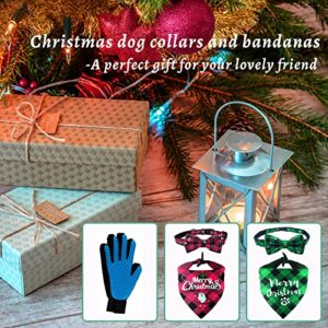 Christmas Dog Collars and Bandanas and Pet Hair Remover Glove Xmas Classic Plaid Snowflake Dog Neck Tie Triangle Bib Scarf Kerchief Adjustable Pet Bow Tie Birthday Dog Bandanas for Small Medium Dogs