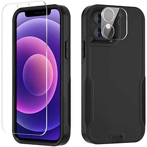 Xmon for iPhone 12 case [Shockproof] [Dropproof] [Tempered Glass Screen Protector with Camera Lens Protector] Heavy Duty Phone Case Cover for Apple iPhone 12 and iPhone 12 Pro 6.1 inch (Black)