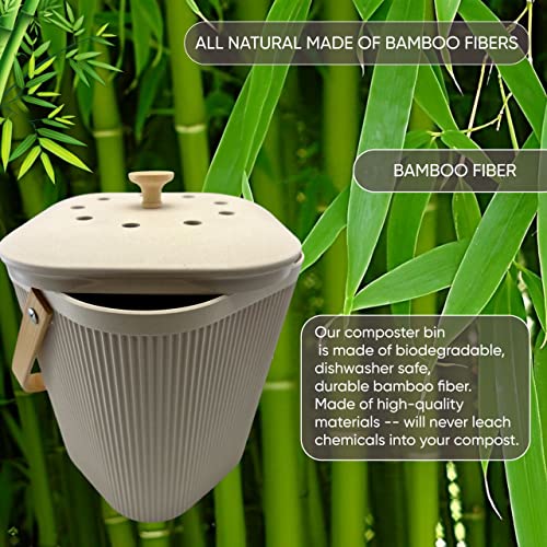 Compost Bin Kitchen - Compost Bin with Charcoal Dual Filter and Lid - Sustainable Bamboo Fiber Kitchen Compost bin countertop - Composter