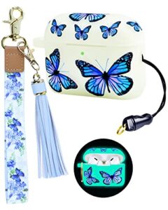 airpods pro 2 case with keychain wristlet, soft cute luminous airpods pro 2nd generation case cover with wrist key lanyard for airpods pro 2nd generation (2022 released) gifts for women butterfly