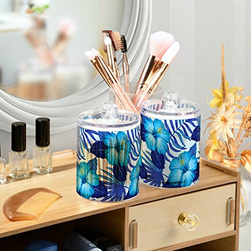 Fustylead 2 Pack Exotic Blue Hibiscus Flowers Qtip Holder Dispensers, Plastic Apothecary Jar Bathroom Accessories Set for Cotton Ball, Swab, Round Pads, Floss