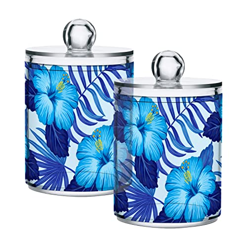 Fustylead 2 Pack Exotic Blue Hibiscus Flowers Qtip Holder Dispensers, Plastic Apothecary Jar Bathroom Accessories Set for Cotton Ball, Swab, Round Pads, Floss