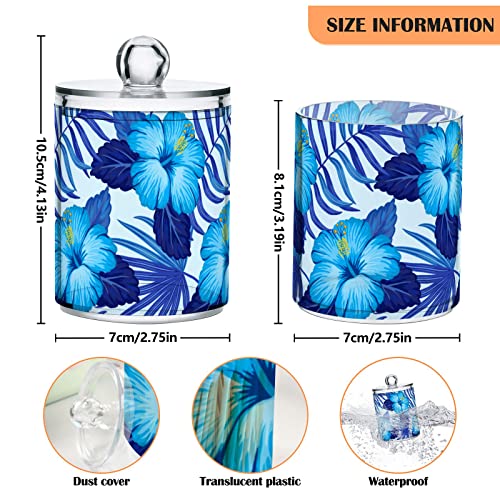 Fustylead 2 Pack Exotic Blue Hibiscus Flowers Qtip Holder Dispensers, Plastic Apothecary Jar Bathroom Accessories Set for Cotton Ball, Swab, Round Pads, Floss