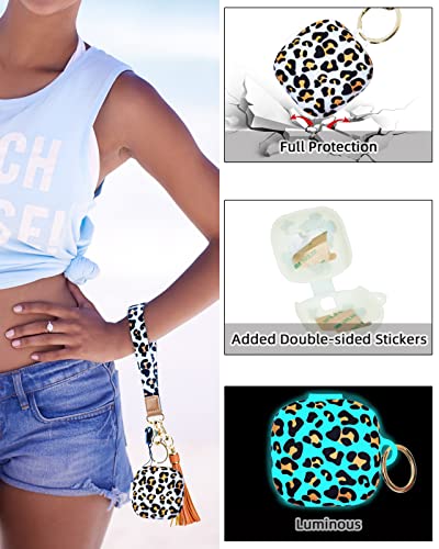 Beats Fit Pro Case Cover with Wristlet Keychain, Cute Luminous YOPICKERN Silicone Earbuds Case with Wrist Key Lanyard for Beats Fit Pro 2021/2022, Gift for Women, Leopard