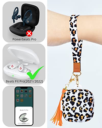 Beats Fit Pro Case Cover with Wristlet Keychain, Cute Luminous YOPICKERN Silicone Earbuds Case with Wrist Key Lanyard for Beats Fit Pro 2021/2022, Gift for Women, Leopard