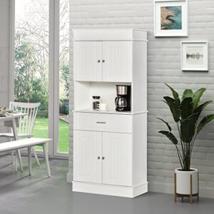 HOMCOM 72" Kitchen Buffet with Hutch, Freestanding Pantry Cabinet with Utility Drawer, 2 Door Cabinets, Adjustable Shelves and Countertop, White Wood Grain