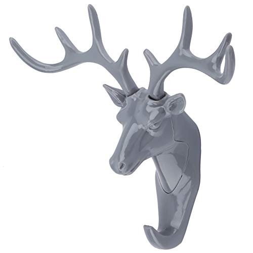 3D Deer Head Wall Hook Hanger Keys Coat Hat Rack Holder Self-Sticking Wall Mount for Home Room Decor(Gray)