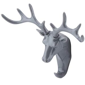 3D Deer Head Wall Hook Hanger Keys Coat Hat Rack Holder Self-Sticking Wall Mount for Home Room Decor(Gray)