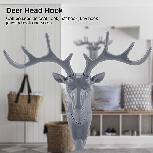 3D Deer Head Wall Hook Hanger Keys Coat Hat Rack Holder Self-Sticking Wall Mount for Home Room Decor(Gray)