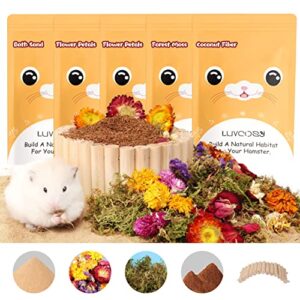 LUVCOSY Hamster Decoration Package = Bath Sand + Flower Petals + Forest Moss + Coconut Fiber + Wooden Fence, Habitat Bedding Accessories for Guinea Pig, Reptile & Small Animals