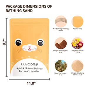 LUVCOSY Hamster Decoration Package = Bath Sand + Flower Petals + Forest Moss + Coconut Fiber + Wooden Fence, Habitat Bedding Accessories for Guinea Pig, Reptile & Small Animals