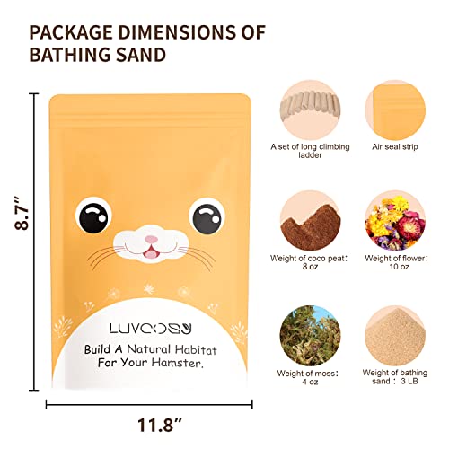 LUVCOSY Hamster Decoration Package = Bath Sand + Flower Petals + Forest Moss + Coconut Fiber + Wooden Fence, Habitat Bedding Accessories for Guinea Pig, Reptile & Small Animals