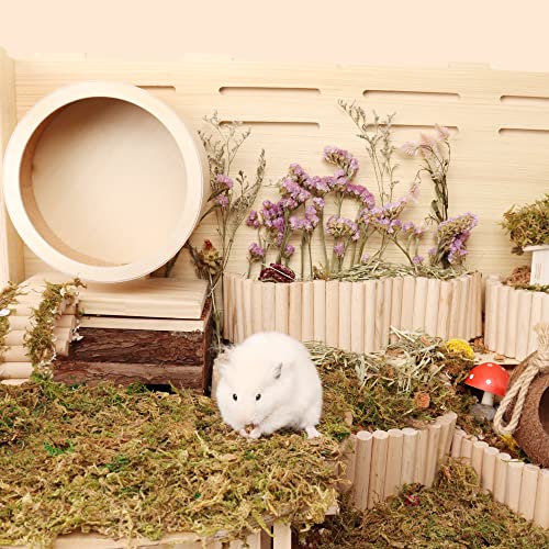 LUVCOSY Hamster Decoration Package = Bath Sand + Flower Petals + Forest Moss + Coconut Fiber + Wooden Fence, Habitat Bedding Accessories for Guinea Pig, Reptile & Small Animals