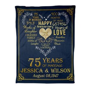 custom 75th wedding anniversary blanket gifts for parents grandparents, 75th diamond wedding anniversary throw blankets for husband wife, personalized 75th anniversary blanket gifts