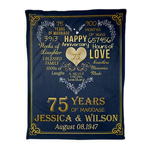 Custom 75th Wedding Anniversary Blanket Gifts for Parents Grandparents, 75th Diamond Wedding Anniversary Throw Blankets for Husband Wife, Personalized 75th Anniversary Blanket Gifts