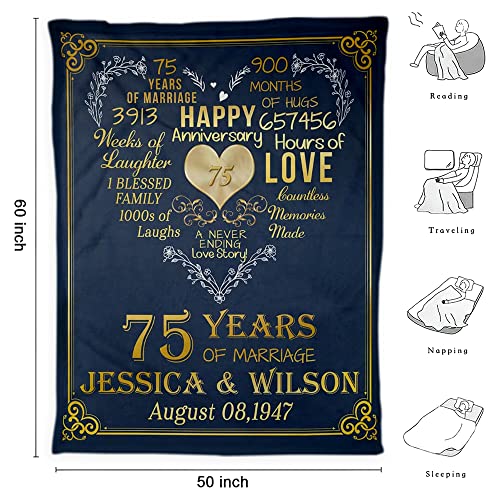 Custom 75th Wedding Anniversary Blanket Gifts for Parents Grandparents, 75th Diamond Wedding Anniversary Throw Blankets for Husband Wife, Personalized 75th Anniversary Blanket Gifts