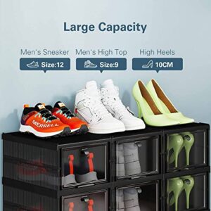 Zarler 18 Compartments Collapsible Drop Front Shoe Storage Boxes, Instant Assembly Shoe Organizer for Closet Clear Hard Plastic Stackable, Men Size 12 Sneaker Display Shoes Containers, Black