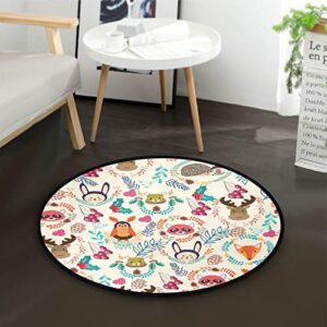 Cute Cartoon Forest Animals and Plants Round Area Rug, Non Slip Indoor Throw Area Rug, Washable Circle Carpet Floor Mat for Living Room,Door Mat Entryway,Bedroom,Sofa,3 Ft