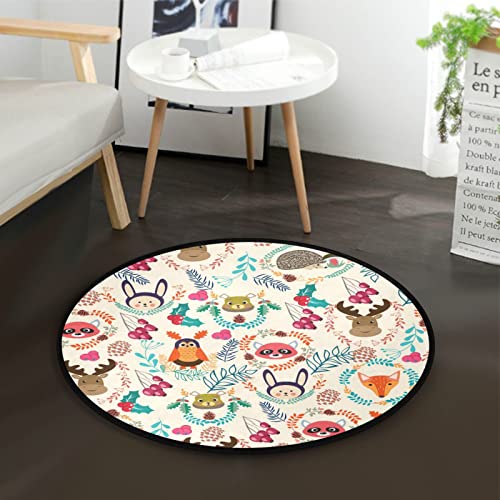 Cute Cartoon Forest Animals and Plants Round Area Rug, Non Slip Indoor Throw Area Rug, Washable Circle Carpet Floor Mat for Living Room,Door Mat Entryway,Bedroom,Sofa,3 Ft