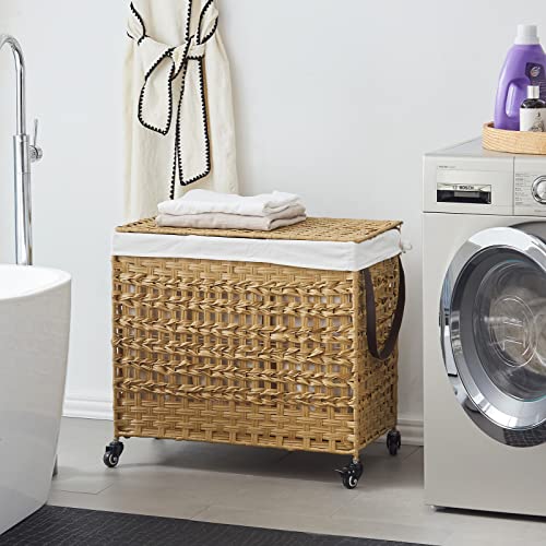 Fiona's magic 140L Large Laundry Basket with Wheels, Laundry Hamper with Lid and Removable Bags, Dirty Clothes Hamper 3 Section for Bedroom, Handwoven Rattan Wicker, Brown