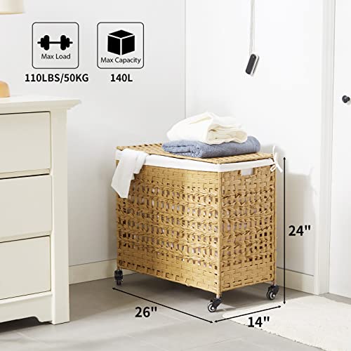 Fiona's magic 140L Large Laundry Basket with Wheels, Laundry Hamper with Lid and Removable Bags, Dirty Clothes Hamper 3 Section for Bedroom, Handwoven Rattan Wicker, Brown