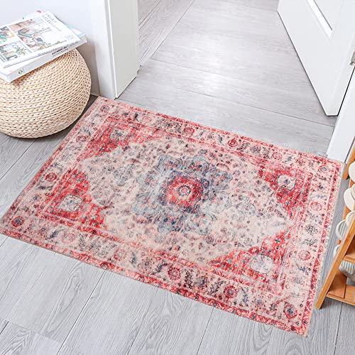 GEVES Beige Red Area Rug Distressed Oriental 2x3 Boho Entryway Rugs for Bedroom Kitchen Bathroom Decor Doormat Washable Indoor Use Non-Slip Rubber Backing