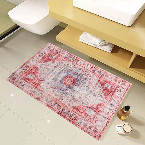 GEVES Beige Red Area Rug Distressed Oriental 2x3 Boho Entryway Rugs for Bedroom Kitchen Bathroom Decor Doormat Washable Indoor Use Non-Slip Rubber Backing