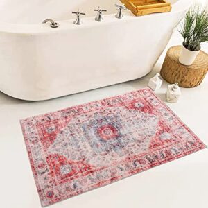 GEVES Beige Red Area Rug Distressed Oriental 2x3 Boho Entryway Rugs for Bedroom Kitchen Bathroom Decor Doormat Washable Indoor Use Non-Slip Rubber Backing