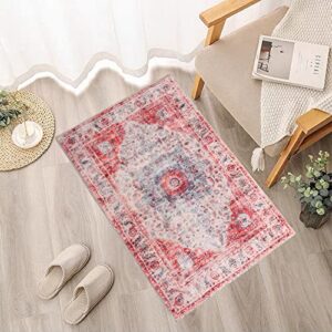 GEVES Beige Red Area Rug Distressed Oriental 2x3 Boho Entryway Rugs for Bedroom Kitchen Bathroom Decor Doormat Washable Indoor Use Non-Slip Rubber Backing