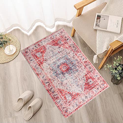 GEVES Beige Red Area Rug Distressed Oriental 2x3 Boho Entryway Rugs for Bedroom Kitchen Bathroom Decor Doormat Washable Indoor Use Non-Slip Rubber Backing