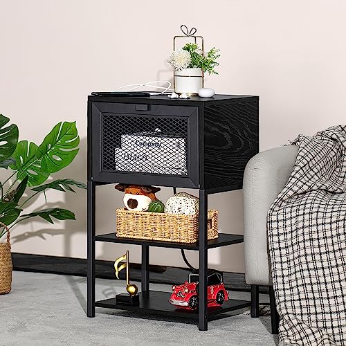 LEBOAHOUS Nightstand with Charging Station and USB Port, 3 Tier Industrial Night Stand, Bedside Table with Flip Storage Drawer and Open Shelf, End Side Table for Bedroom, Office, Dorm 26.2''H (Black)