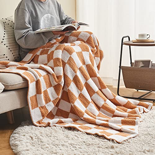 Villcr Fuzzy Checkered Blanket, Throw Blanket for Couch Bed Sofa Travel Camping,Soft Plaid Decorative Throw Blanket for All Seasion 51''x63'' (Brown)