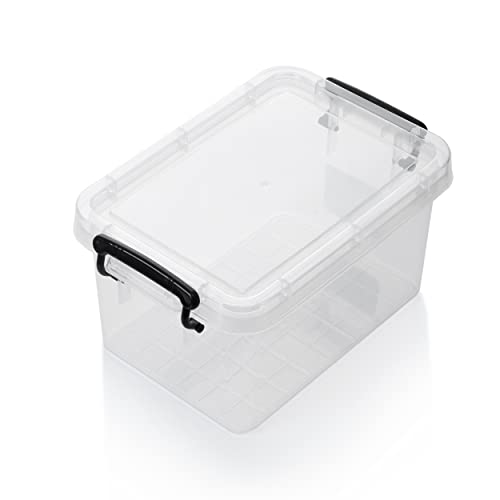 Berdeng Small Plastic Storage Bins with Lids, 3 Quart Small Storage Latch Box, Stackable and Nestable,6 Pack, Clear with Black Buckle