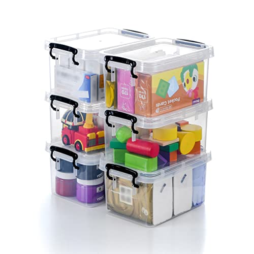 Berdeng Small Plastic Storage Bins with Lids, 3 Quart Small Storage Latch Box, Stackable and Nestable,6 Pack, Clear with Black Buckle